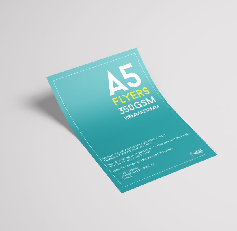 A5 flyers printed in full colour on 350gsm coated paper