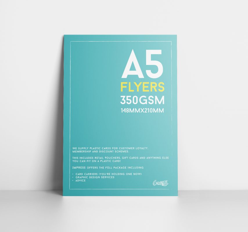 A5 flyers printed in full colour on 350gsm coated paper